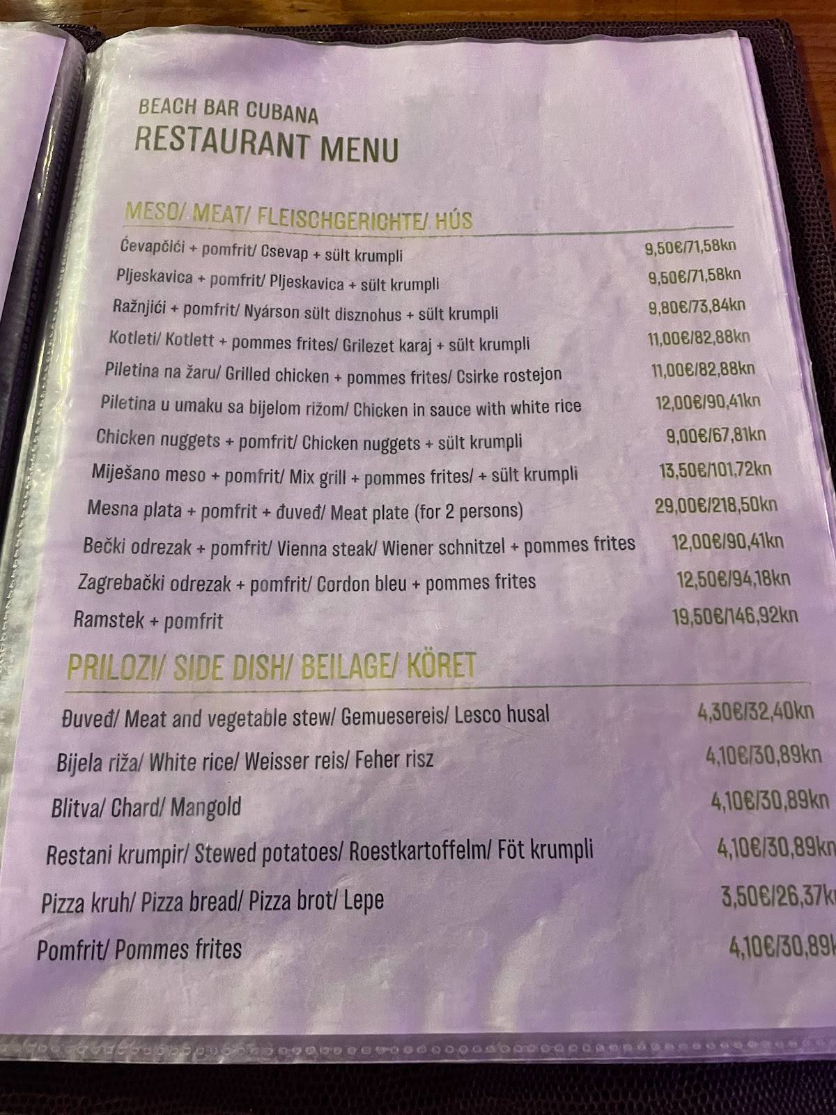 Menu at Cubana Beach Bar, Vir