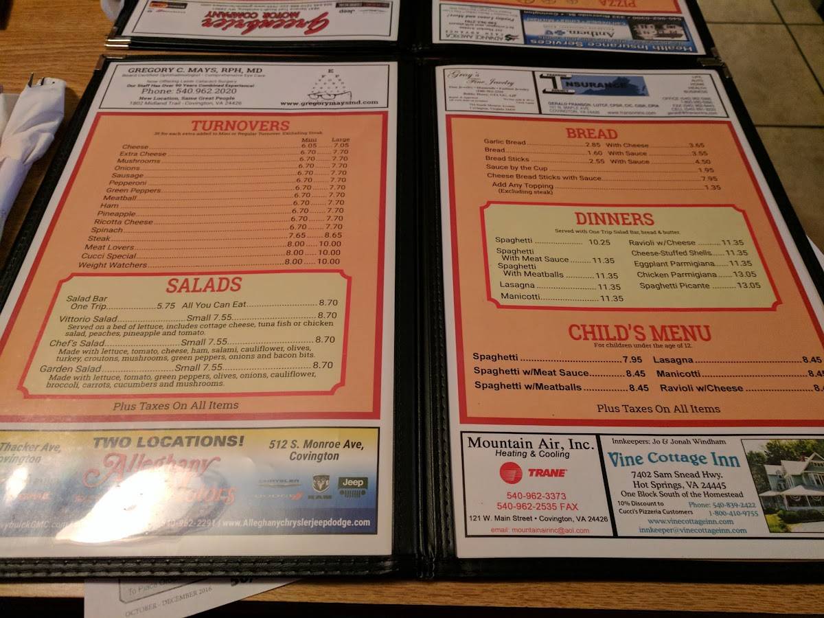 Menu at Cucci's Pizzeria, Covington