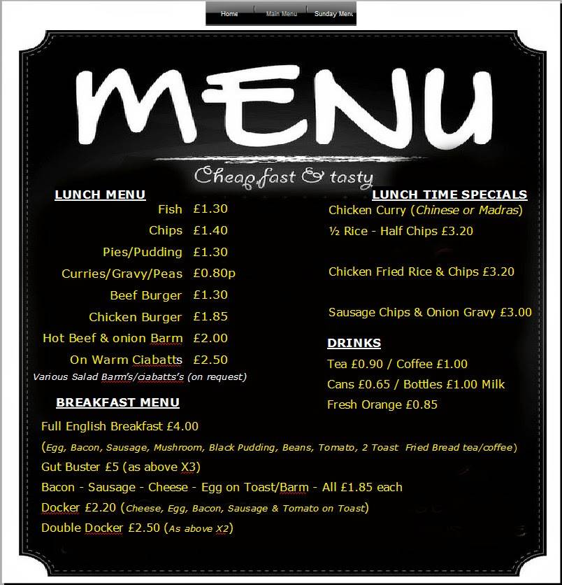 Menu at Cuddly Cod restaurant, Salford