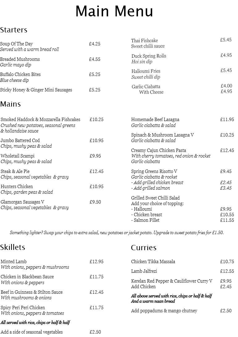 Menu at Cunliffe Arms pub & bar, Wrexham, Jeffreys Rd