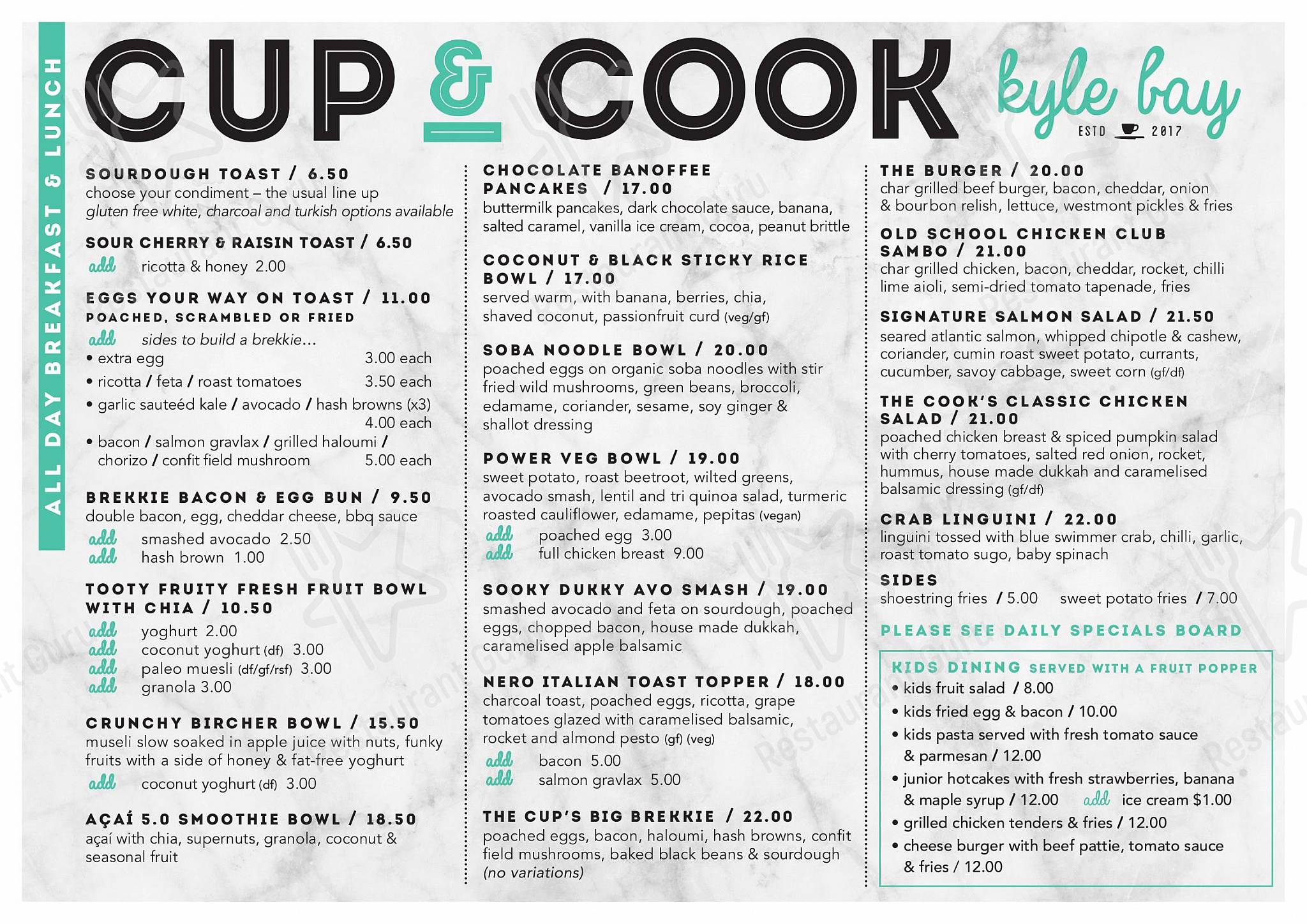 Menu at Cup and Cook cafe, Kyle Bay