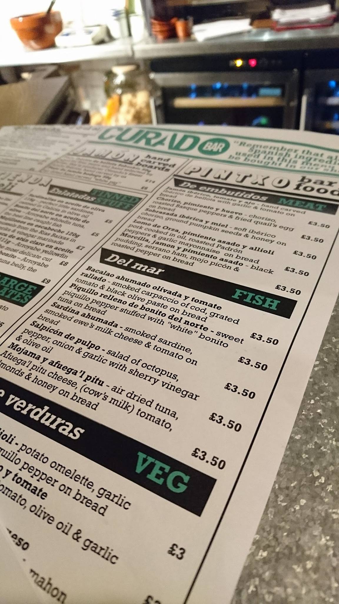 Menu at Curado Bar, Cardiff
