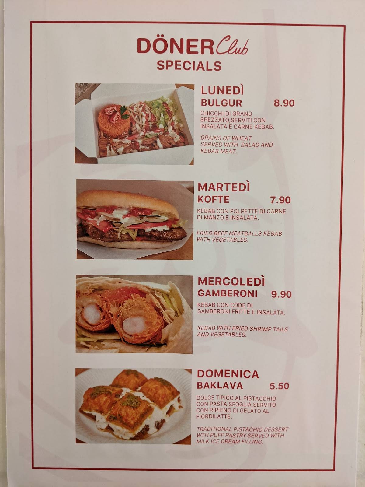 Menu da Döner Club Kebab, Milano, Viale Monte Nero