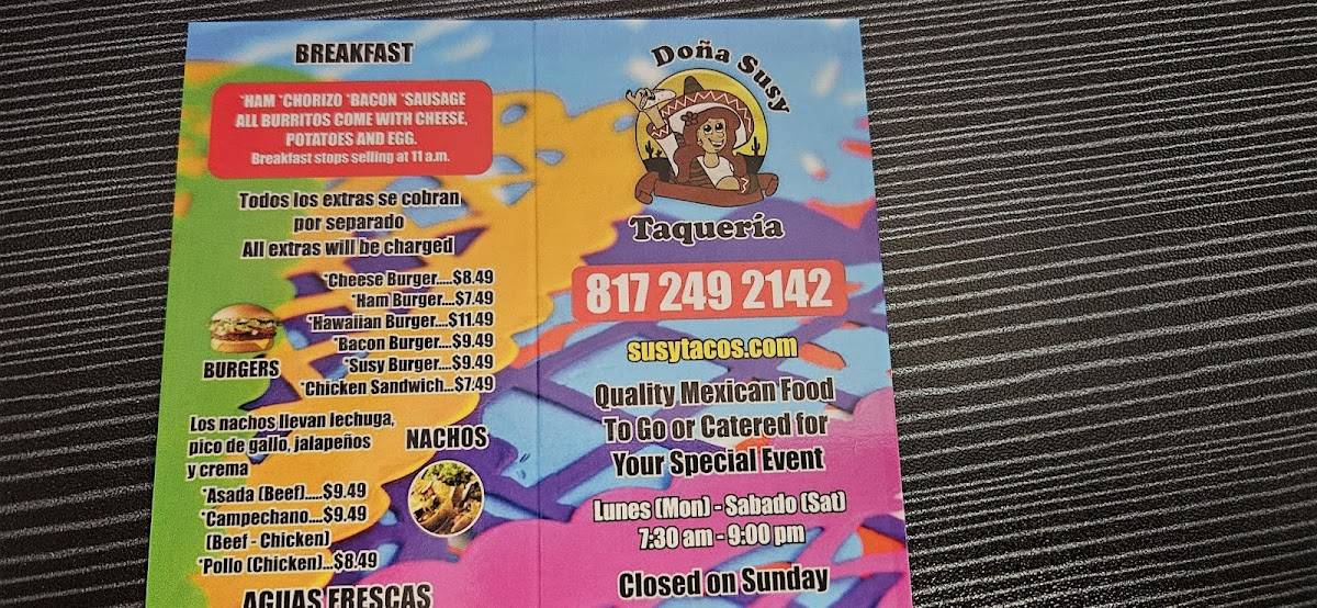 Menu at DOÑA SUSY TAQUERIA restaurant, Benbrook, 900 Winscott Rd