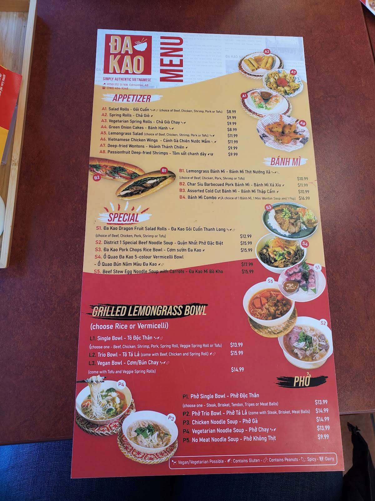 Menu at Da Kao Bistro restaurant, Edmonton