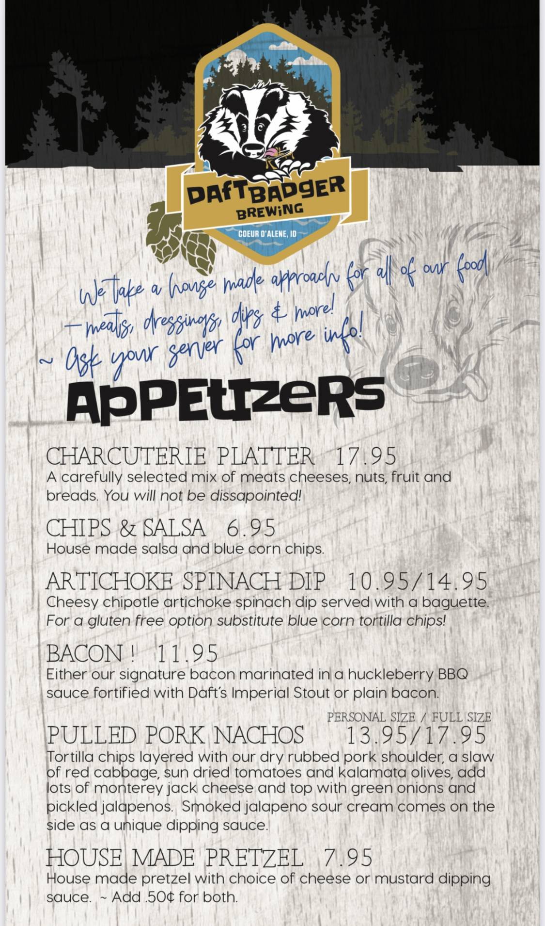 Menu at Daft Badger Brewing pub & bar, Coeur d'Alene