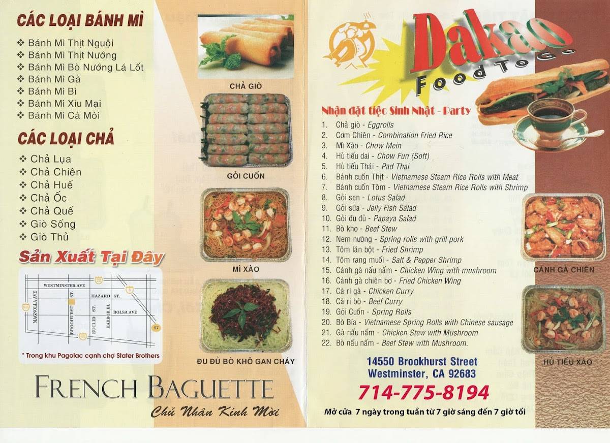 Menu at Dakao Food To Go restaurant, Westminster