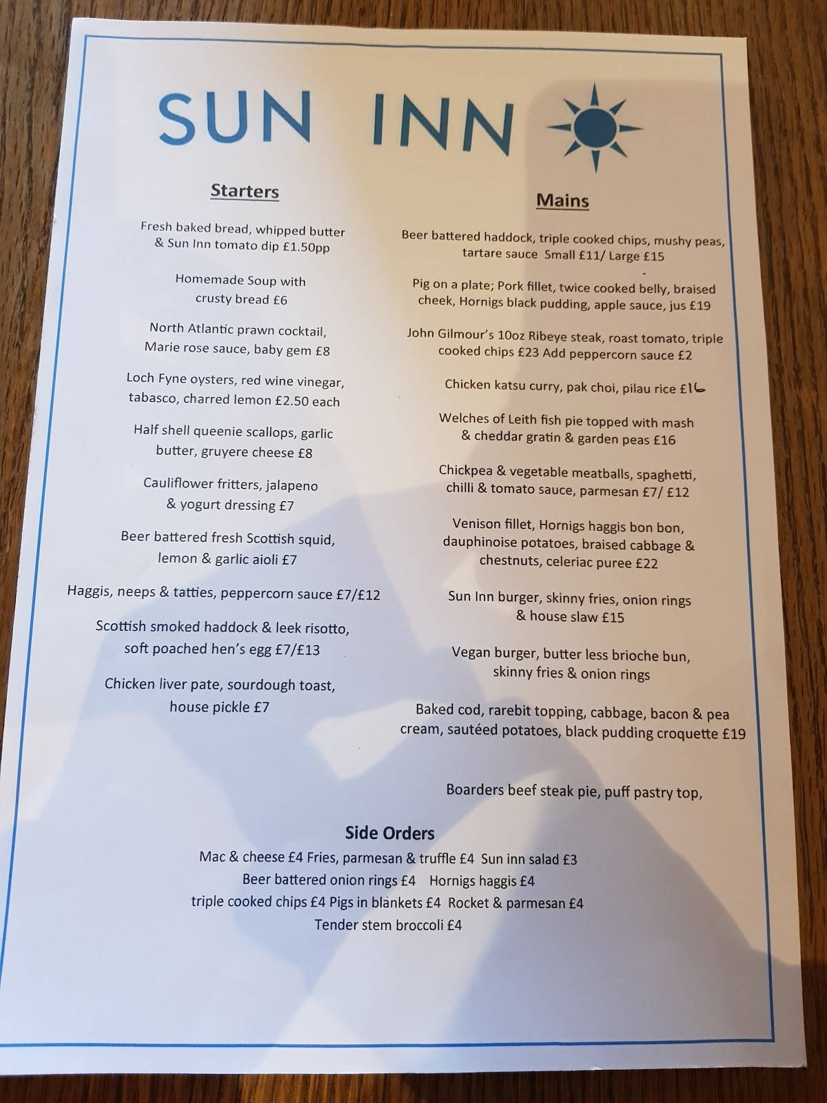 Menu at The Sun Inn pub & bar, Dalkeith, Lothian Bridge