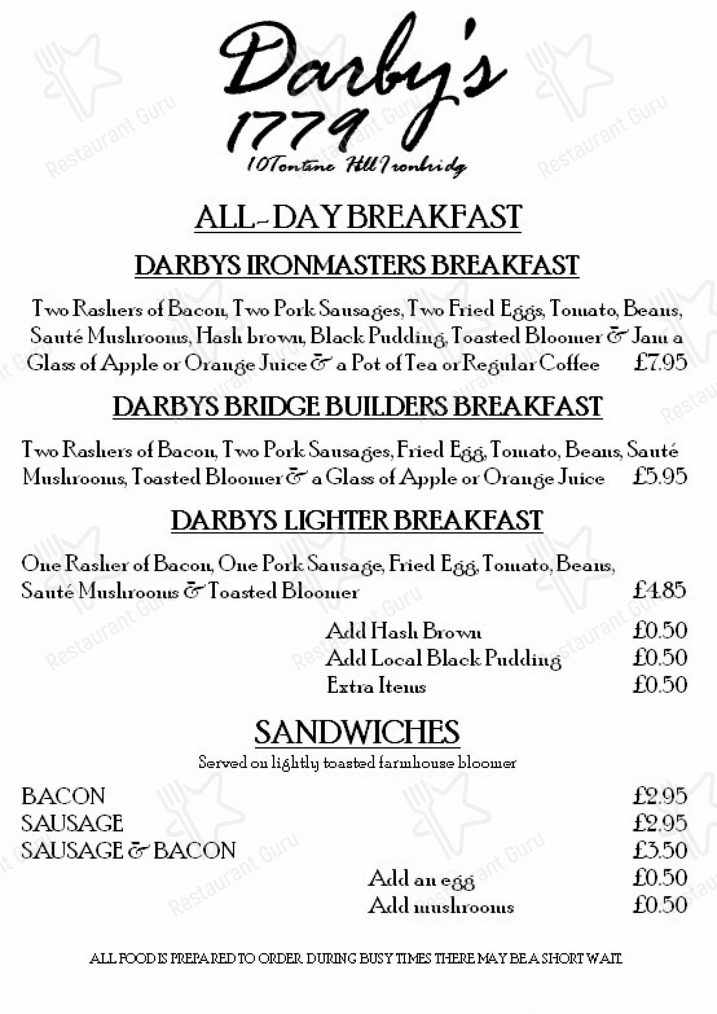 Menu at Darby's Of Ironbridge cafe, Telford