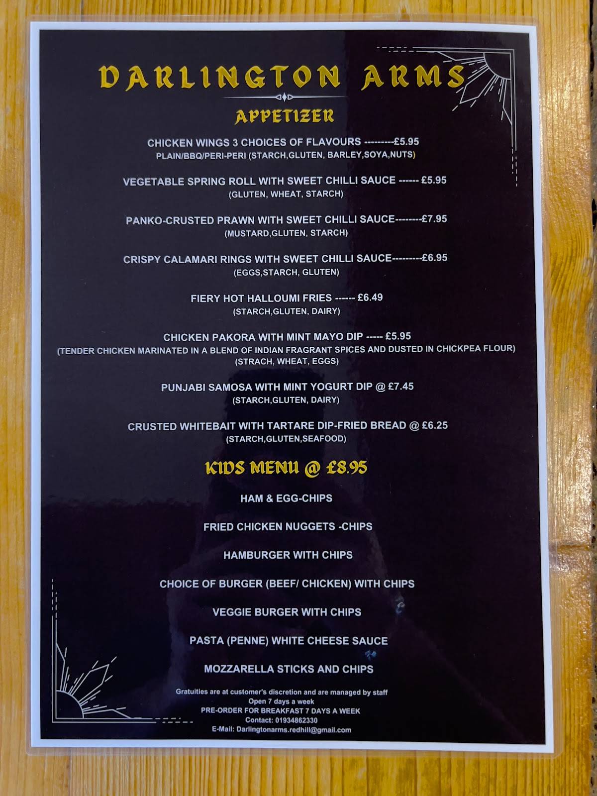 Menu at Darlington Arms pub & bar, Bristol