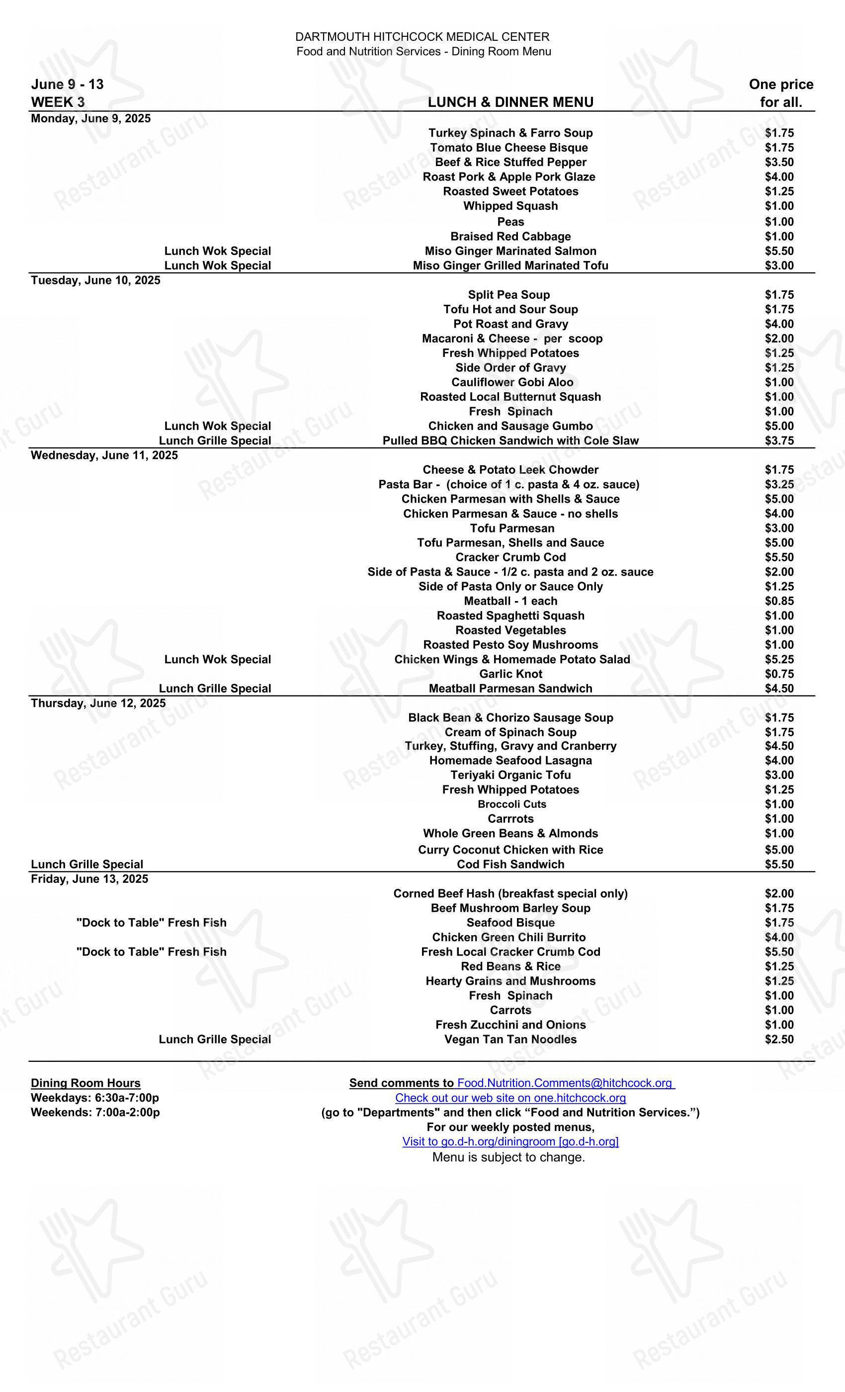 Menu at Dartmouth-Hitchcock Medical Center cafeteria, Lebanon