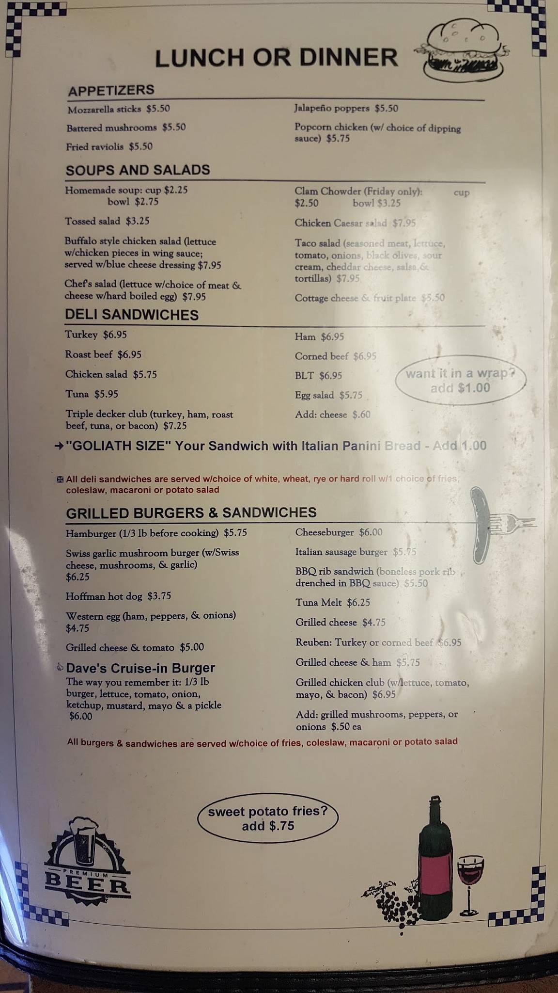 Menu at Dave's Diner restaurant, Utica