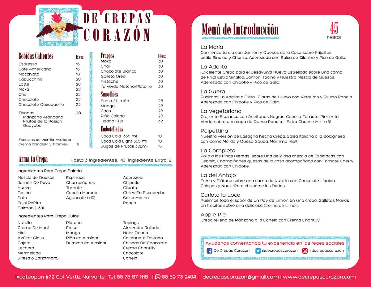 Carta del café De Crepas Corazón, Ciudad del México, Ixcateopan 72