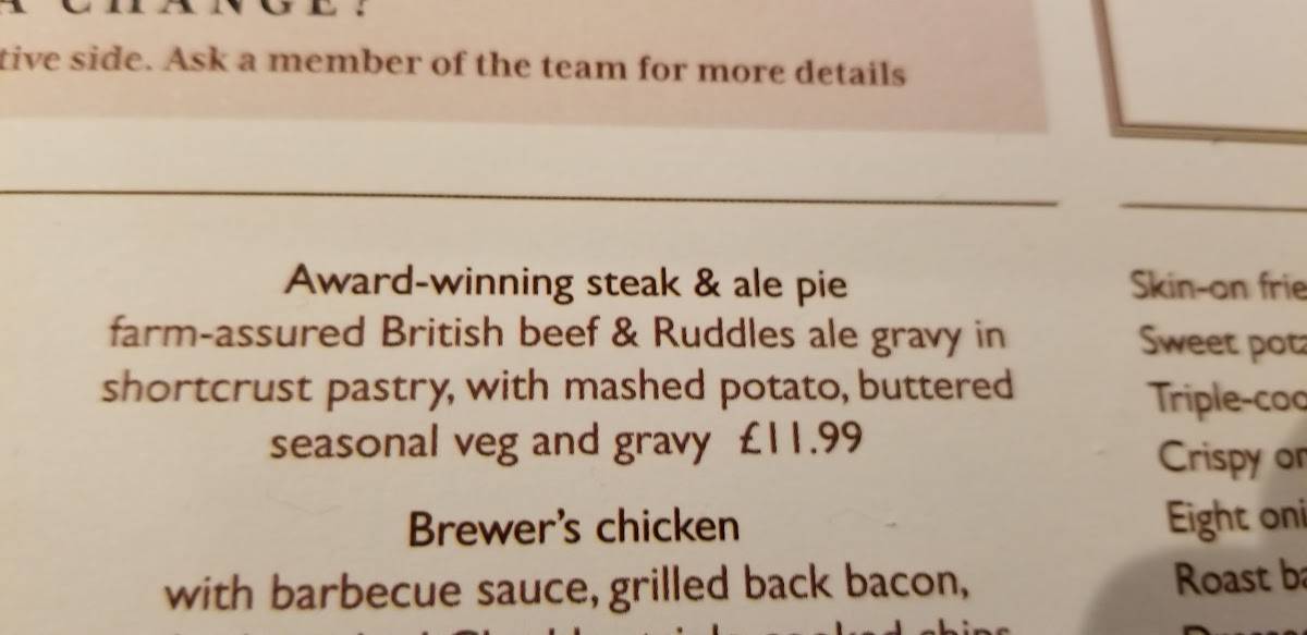 Menu at De Trafford Arms restaurant, Alderley Edge