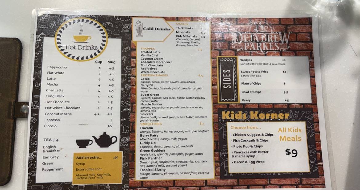 Menu at Deja Brew cafe, Parkes