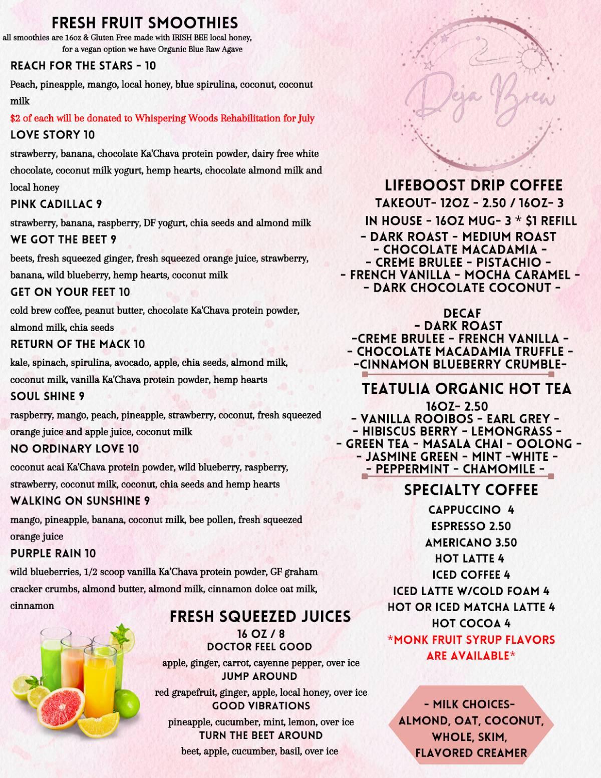 Menu at Deja Brew cafe, Sandy Creek