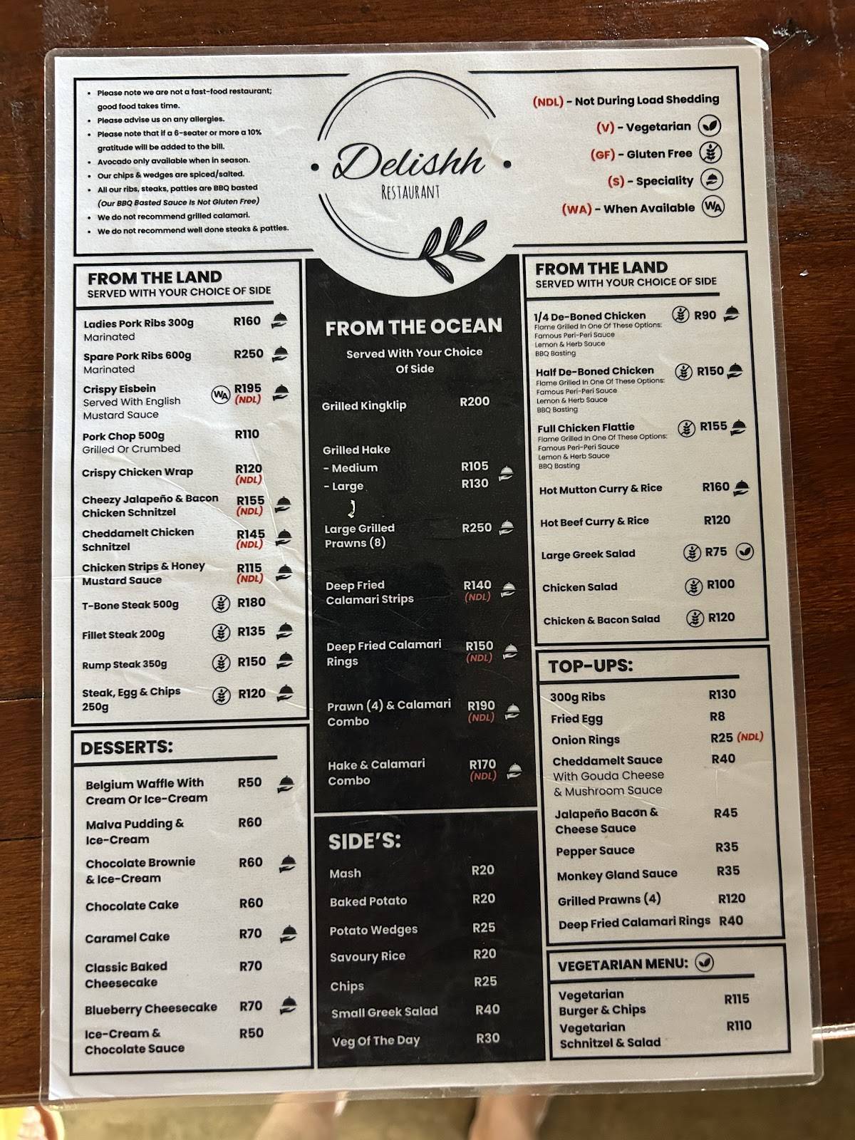 Menu at Delishh Restaurant, South Africa