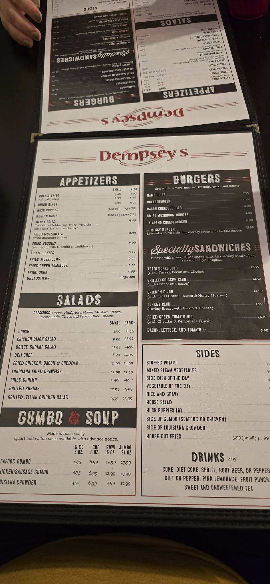 Menu at Dempsey's Poboys restaurant, Baton Rouge, Coursey Blvd