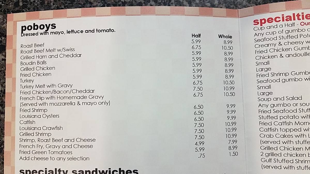 Menu at Dempsey's Poboys restaurant, Baton Rouge, Coursey Blvd