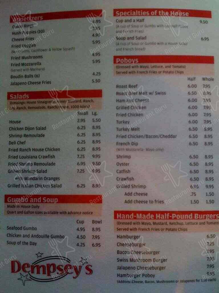 Menu at Dempsey's Poboys restaurant, Baton Rouge, Coursey Blvd