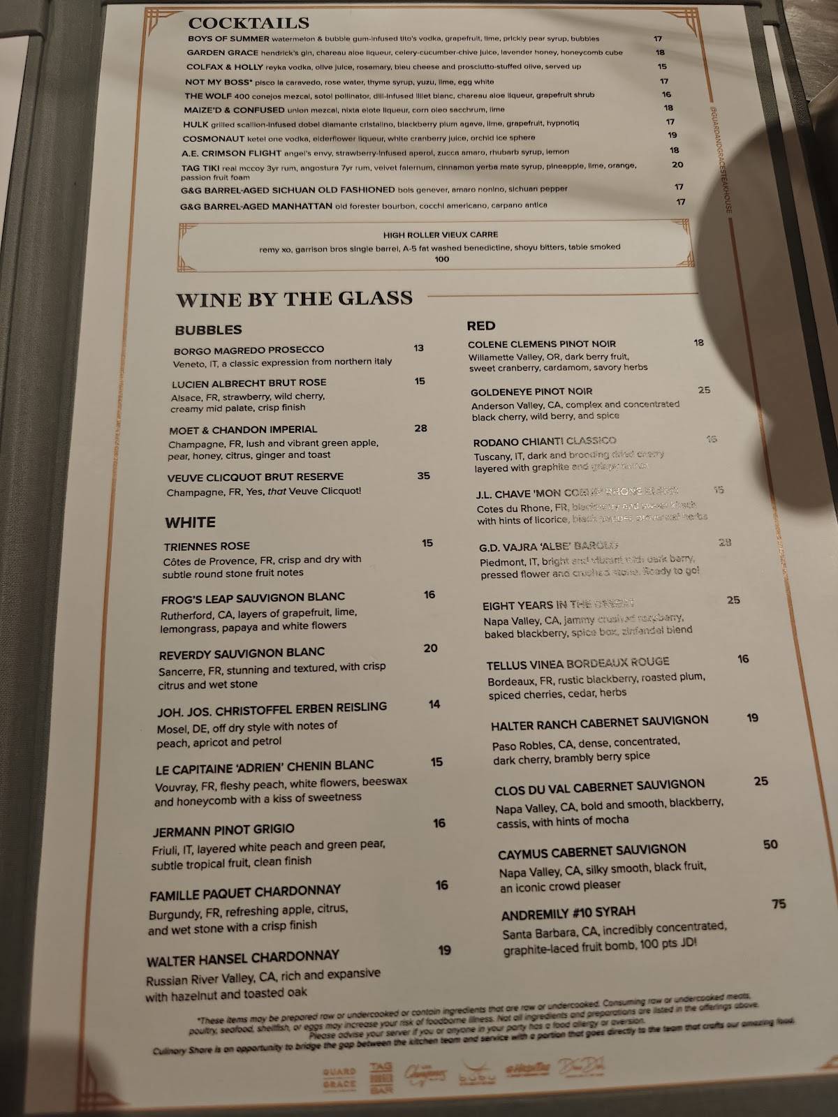 Menu at Guard and Grace steakhouse, Denver, California St