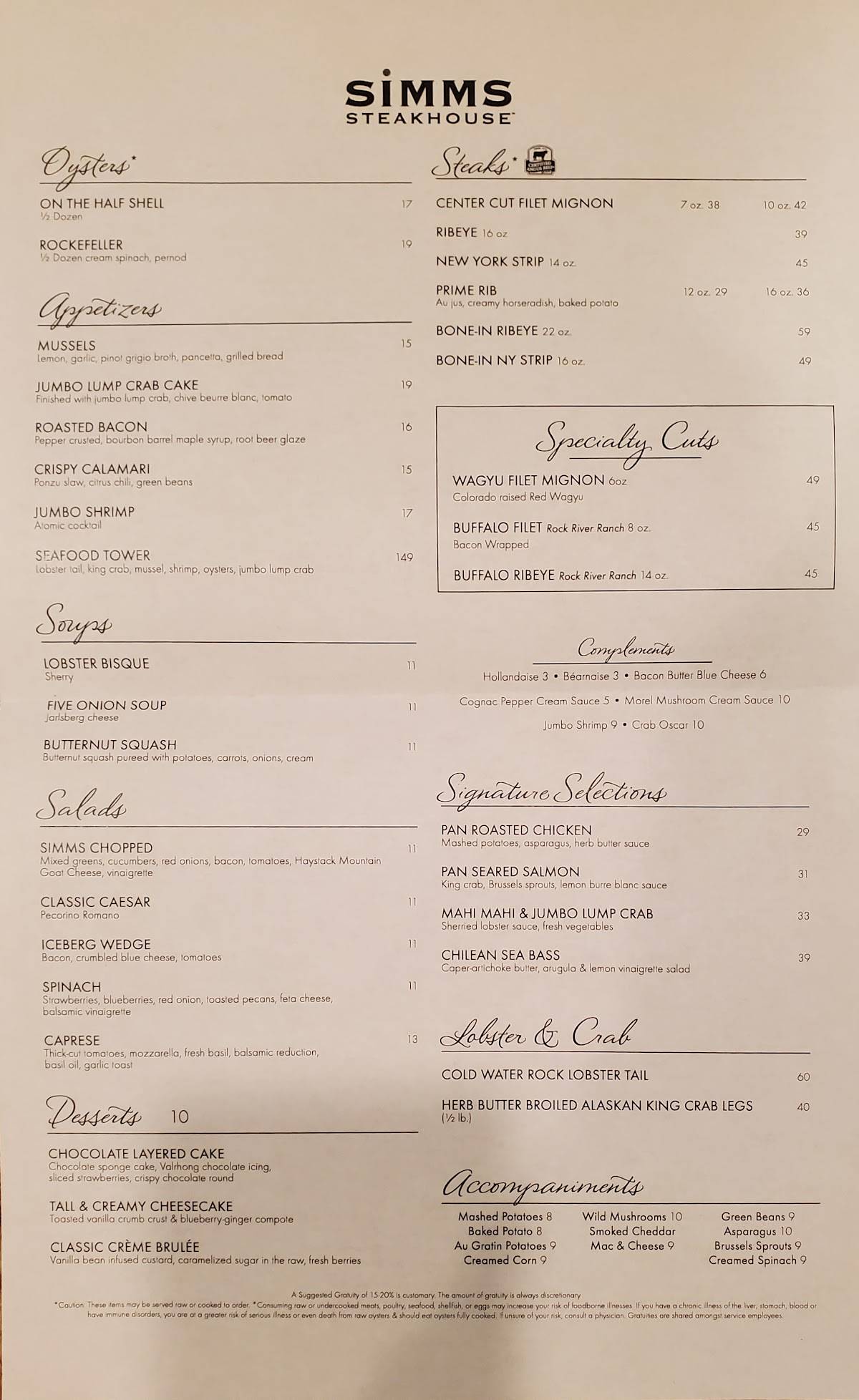 Menu at Simms Steakhouse, Lakewood