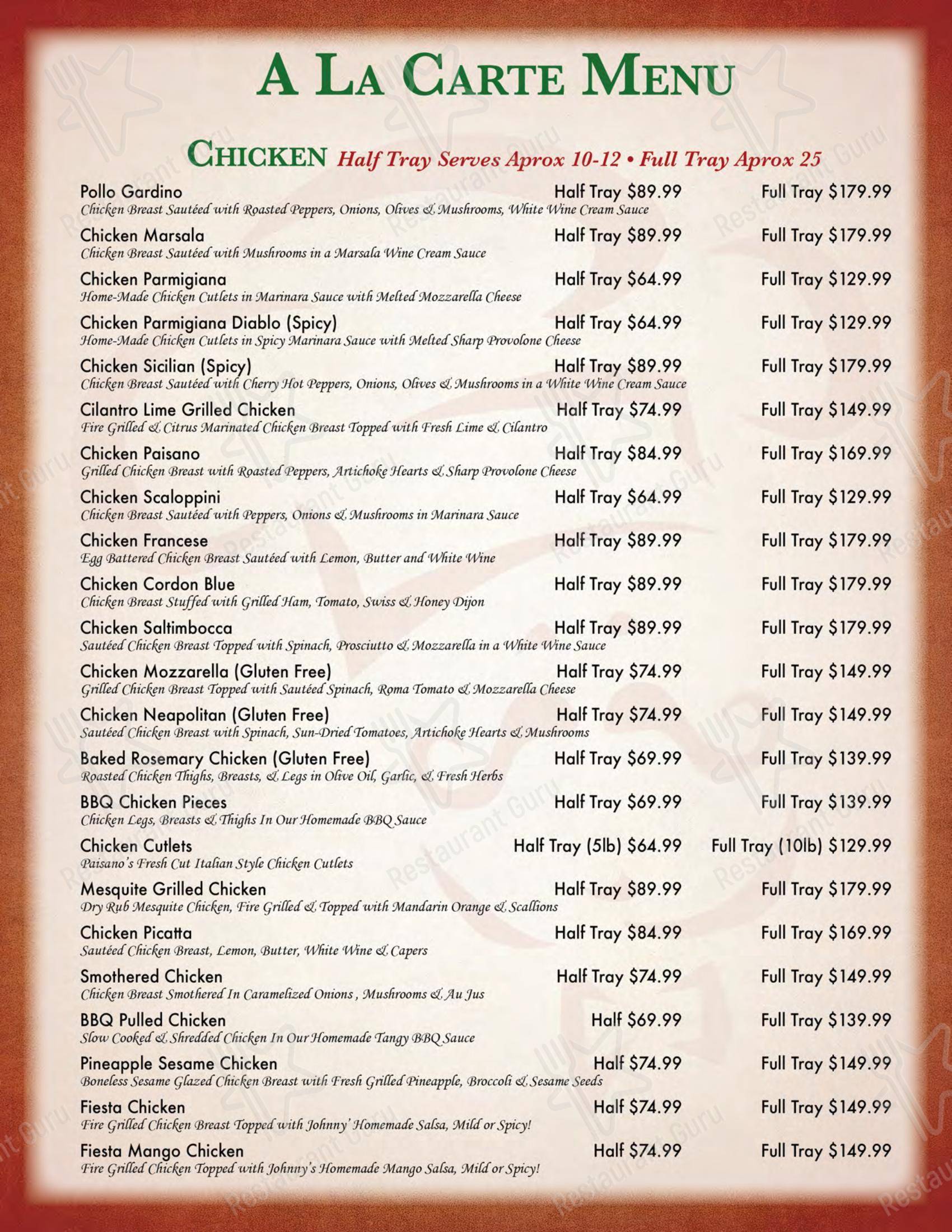 Menu at Johnny Paisano's desserts, Springfield