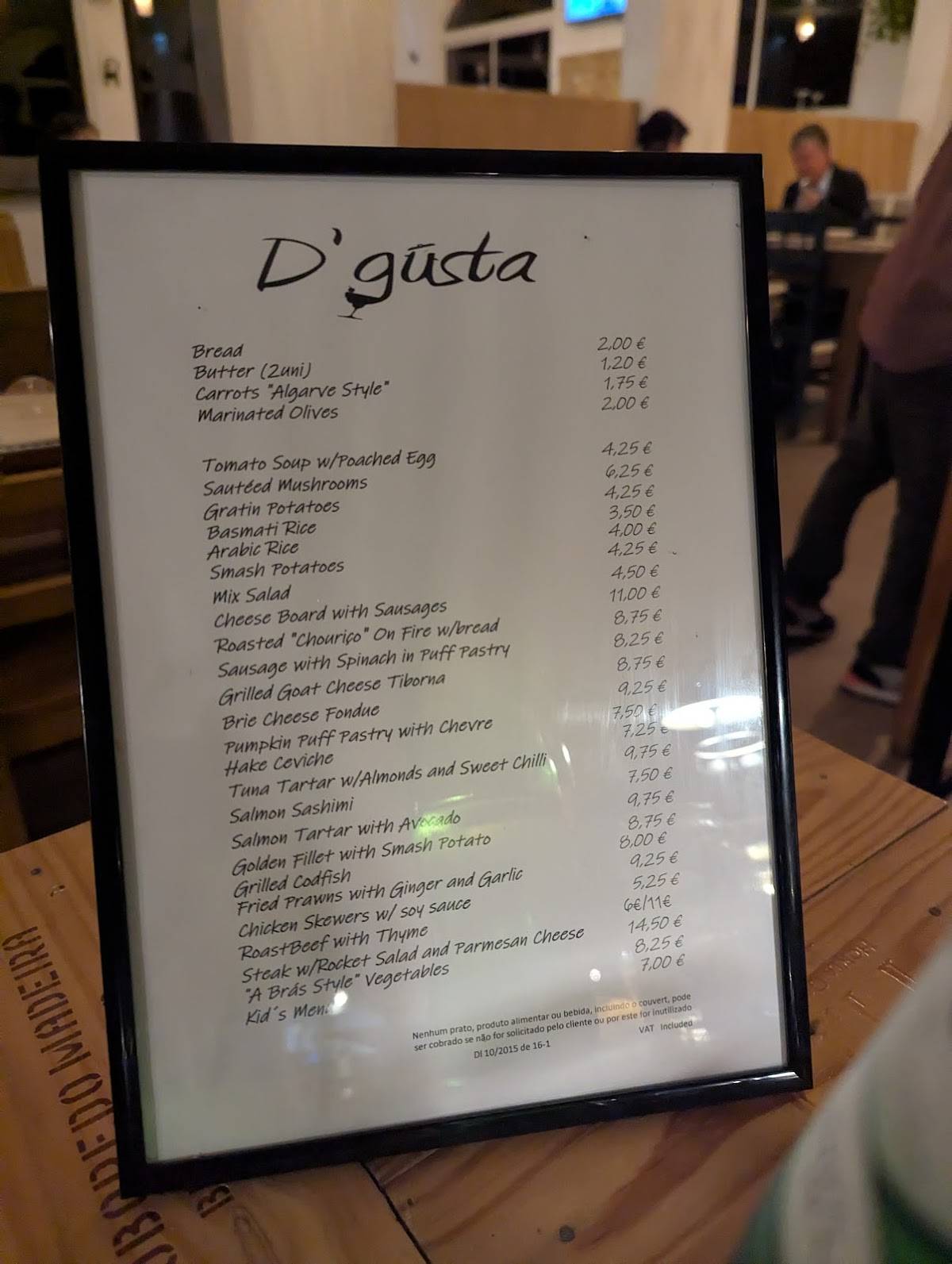 Menu at D'gusta restaurant, Tavira, Estr. das 4 Águas