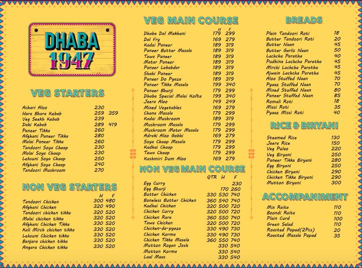 Menu at Dhaba 1947, Gurugram, Besides Axis Bank