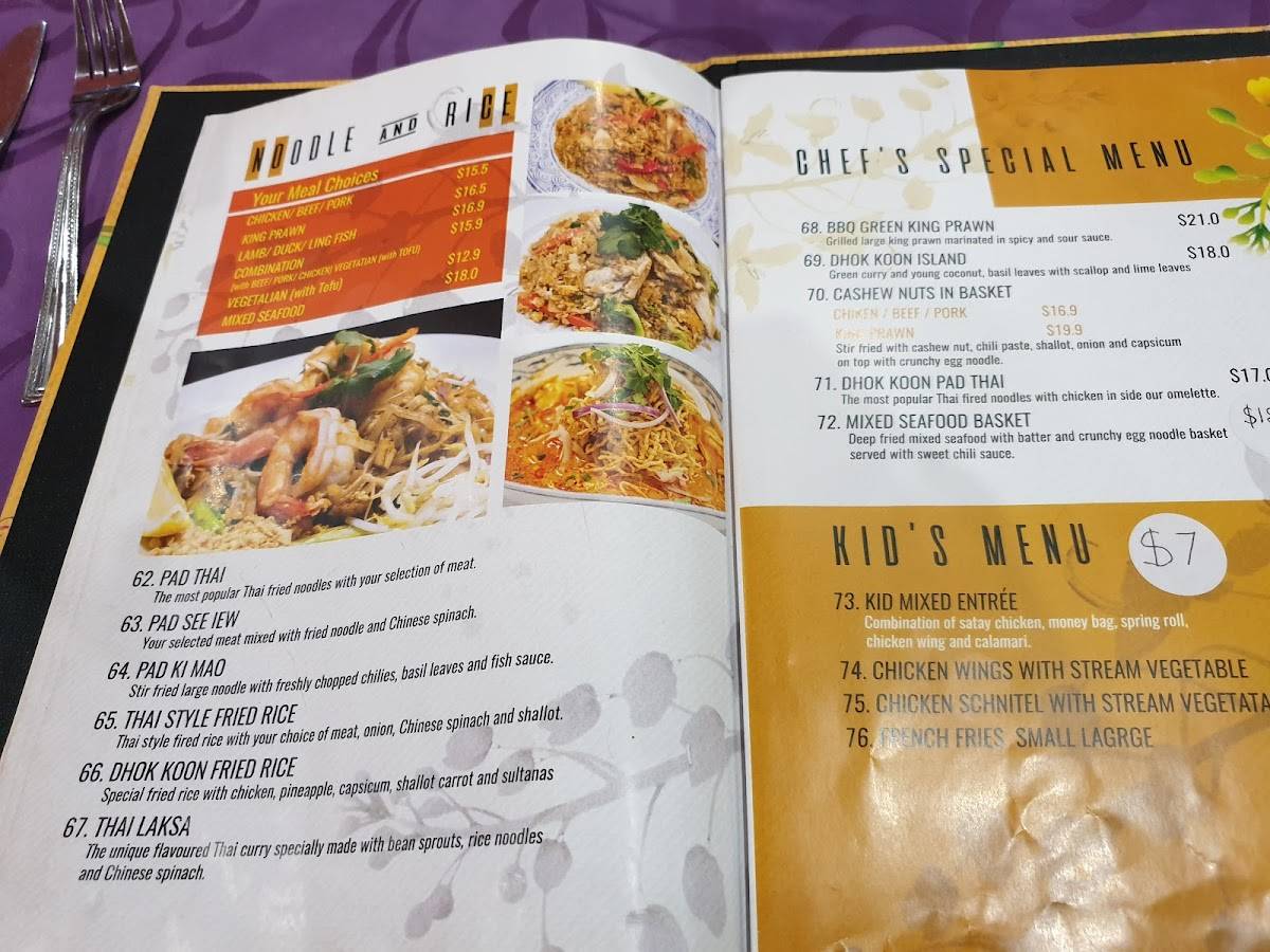 Menu at Dhok Koon Thai Restaurant, Fairy Meadow