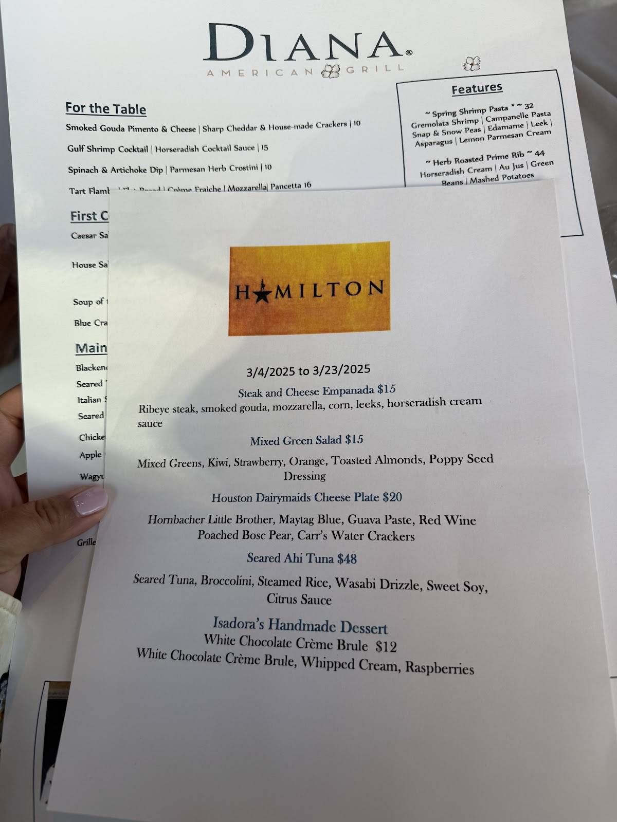 Menu at Diana restaurant, Houston