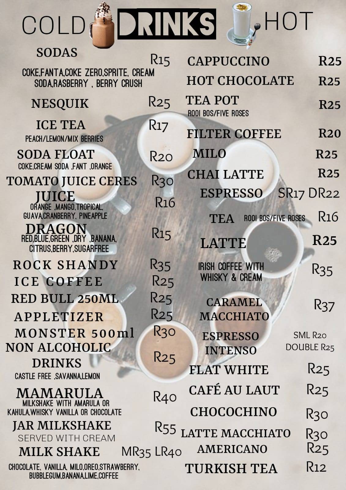 Menu at Die Boom restaurant, Pretoria