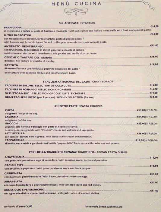 Menu at Ristorante Dillà, Rome