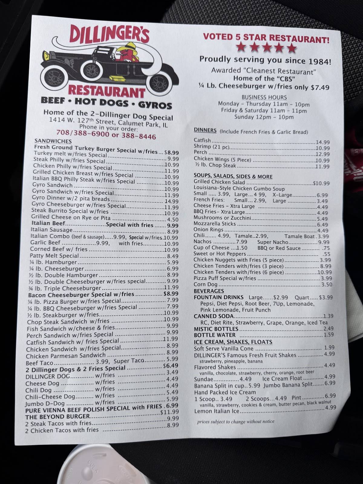 Menu at Dillingers Drive-In Inc fast food, Calumet Park