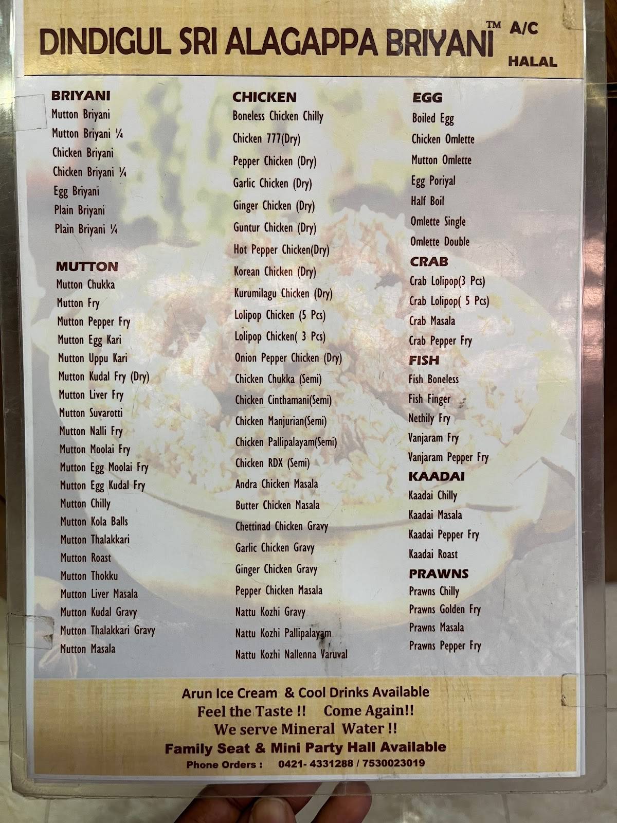 Menu at Dindigul Sri Alagappa briyani, Tiruppur