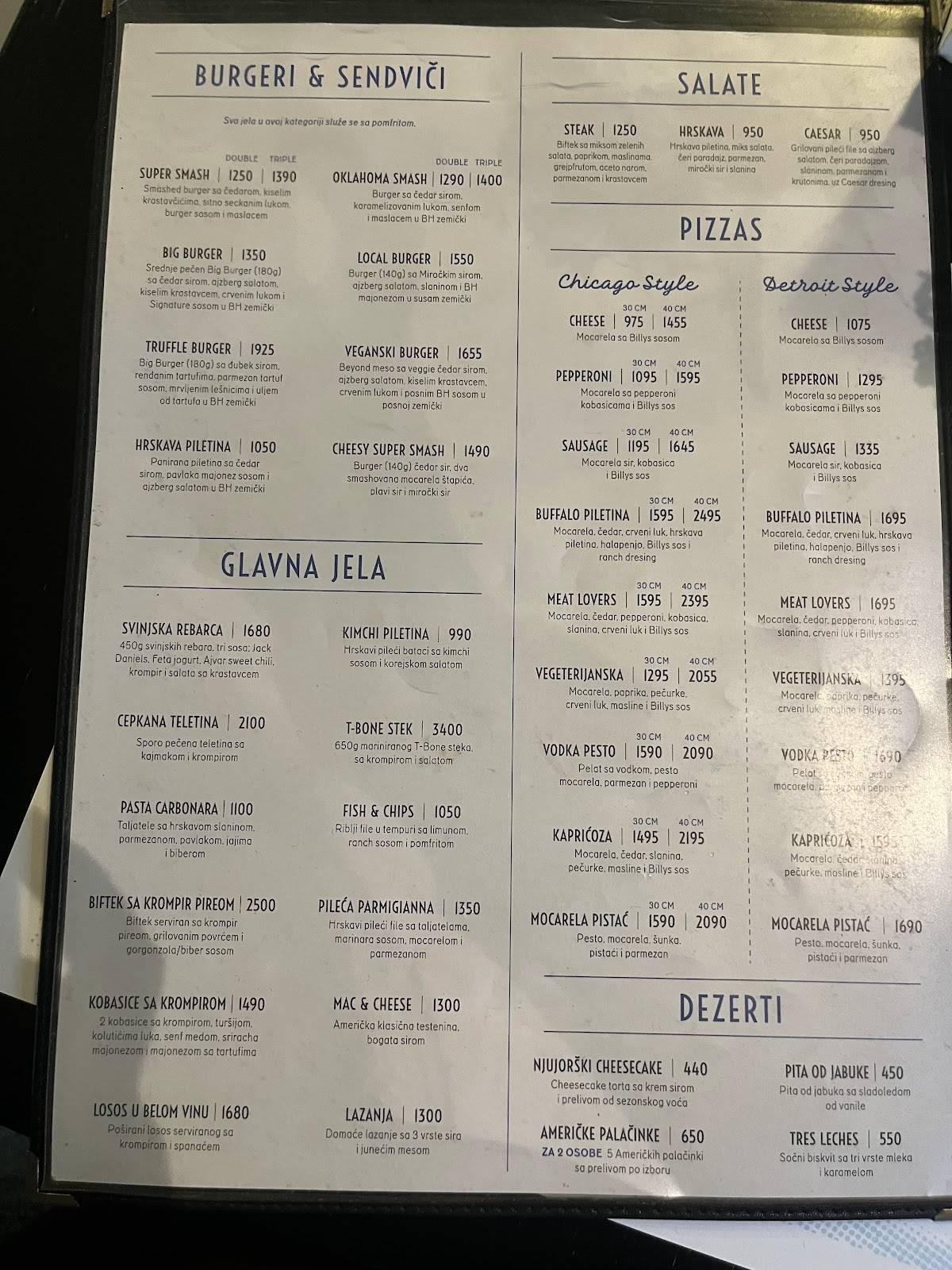 Menu at Diner Bros. Novi Beograd restaurant, Belgrade