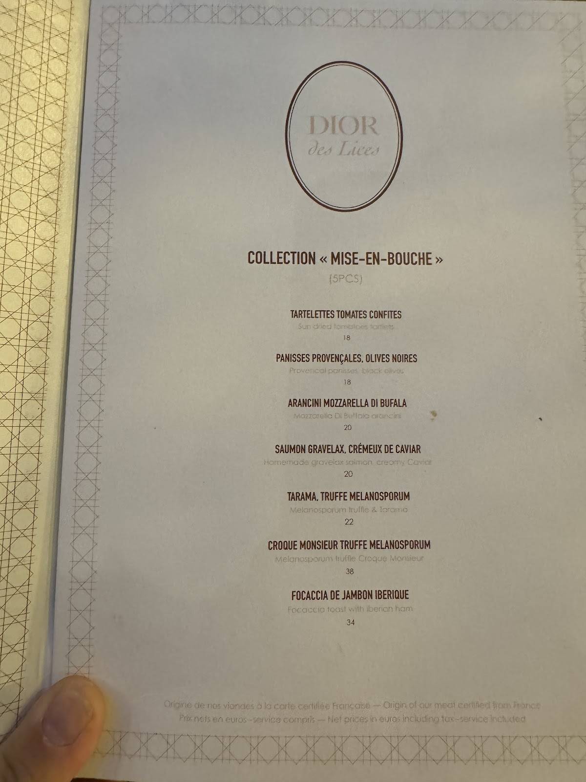 Menu at Dior Des Lices restaurant, Saint-Tropez