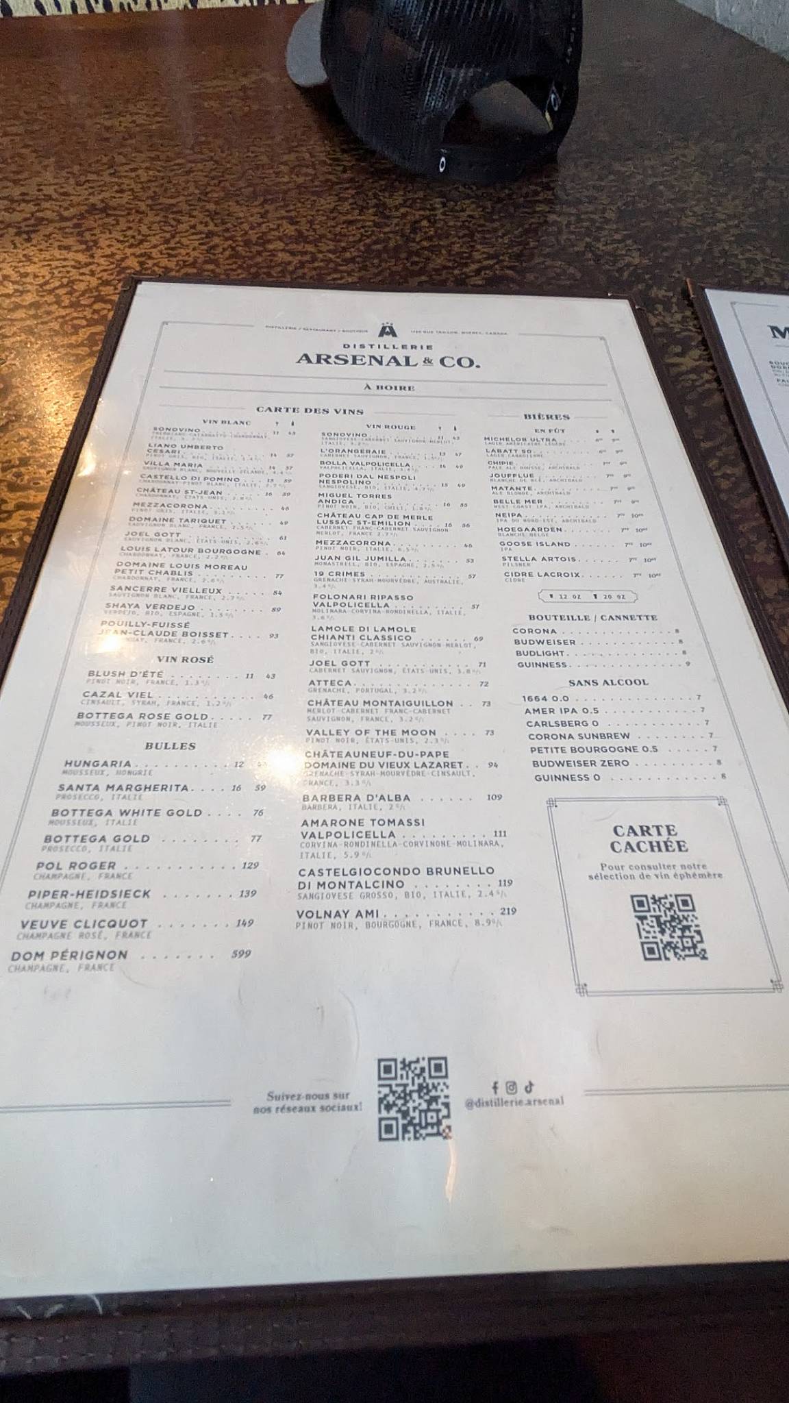 Menu au Distillerie Arsenal & Co. Restaurant, Québec