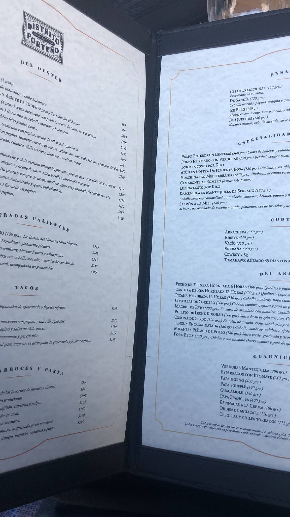 Carta del restaurante Distrito Porteño, Metepec