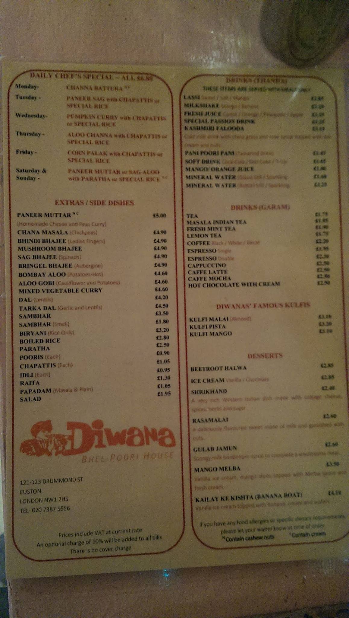 Menu at Diwana Bhel Poori House restaurant, London, 121-