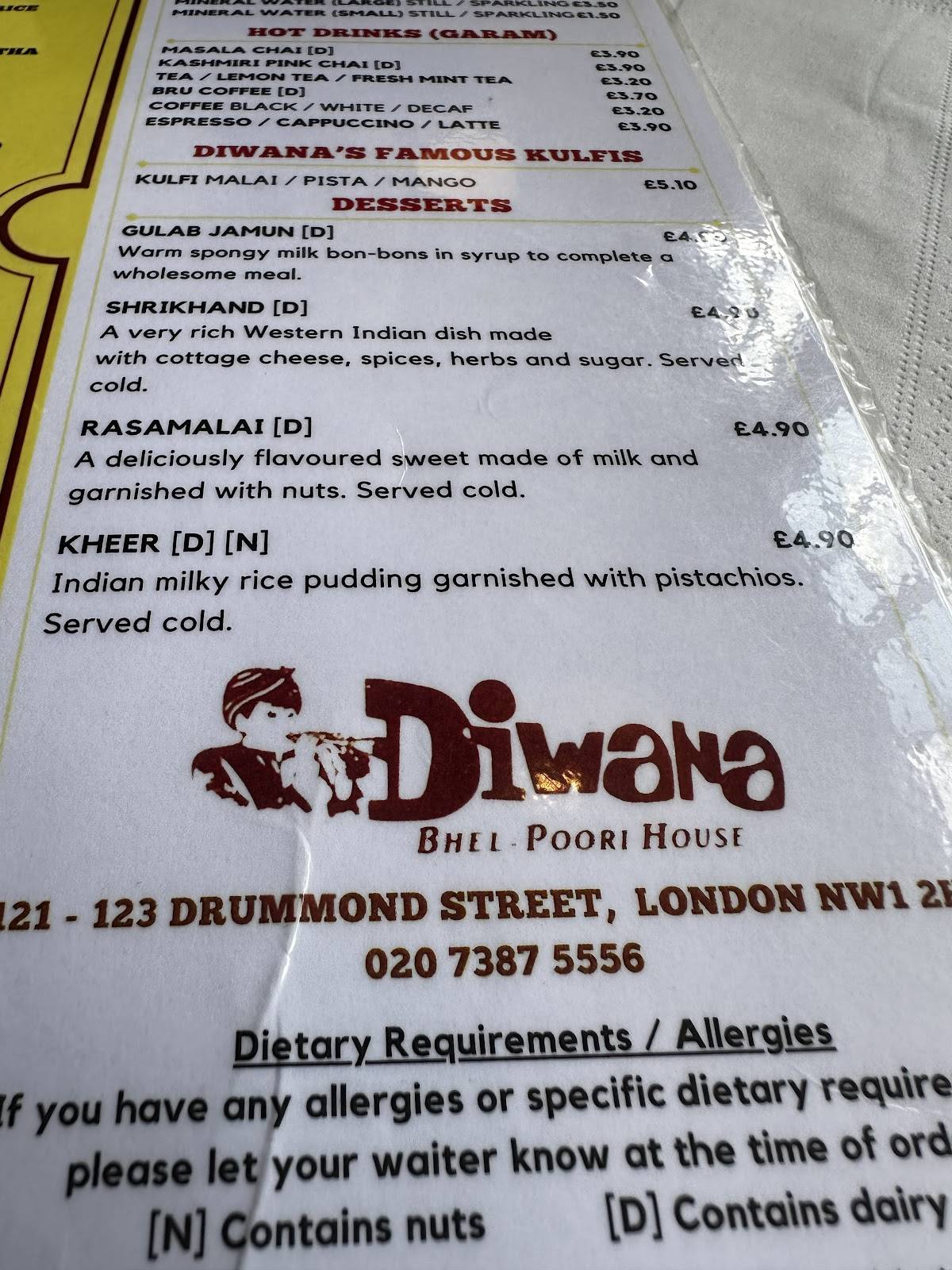 Menu at Diwana Bhel Poori House restaurant, London, 121-