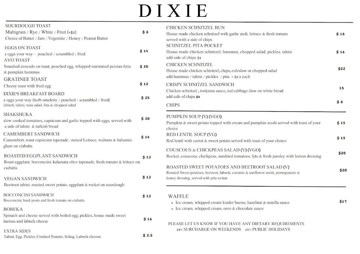 Menu at Dixie Bakery Cafe, Caulfield North