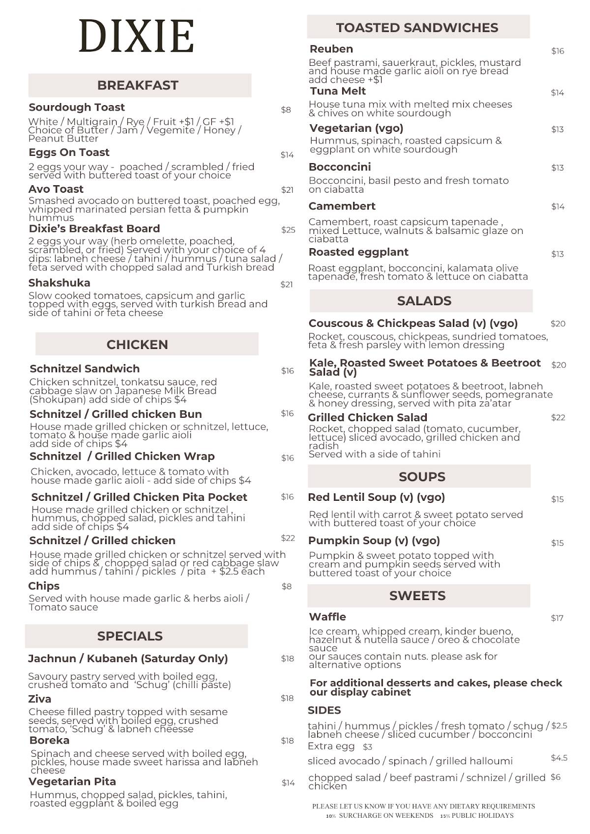 Menu at Dixie Cafe, Caulfield North