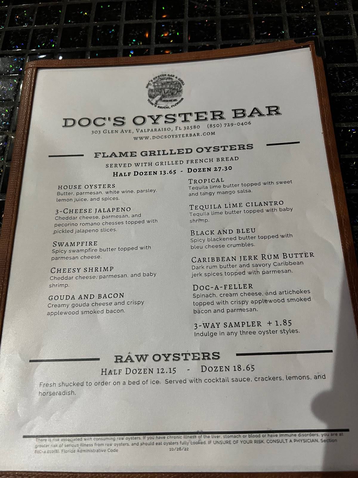 Menu at Doc's Oyster Bar, Valparaiso