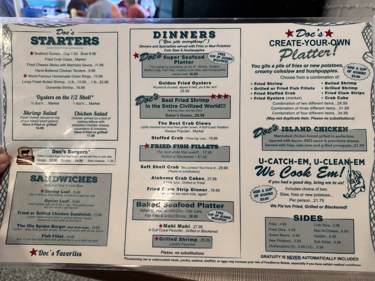 Menu at Doc's Seafood Shack & Oyster Bar, Orange Beach, Canal Rd