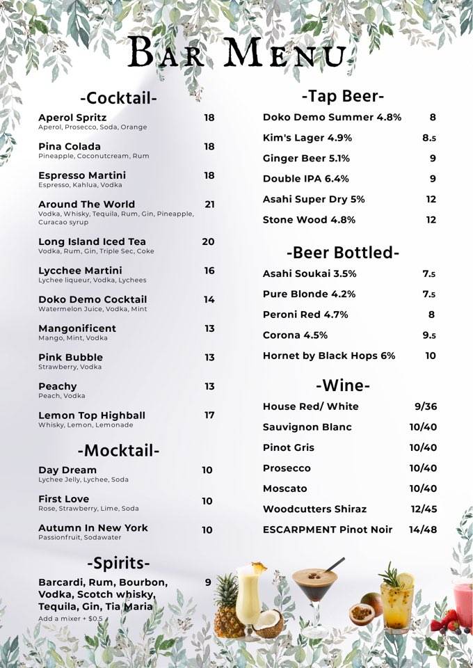 Menu at Doko Demo V restaurant, Burleigh Waters
