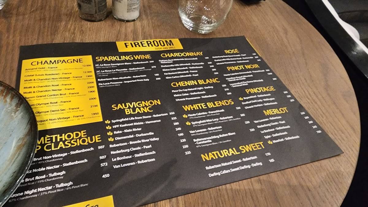 Menu at Fireroom Zimbali restaurant, Dolphin Coast