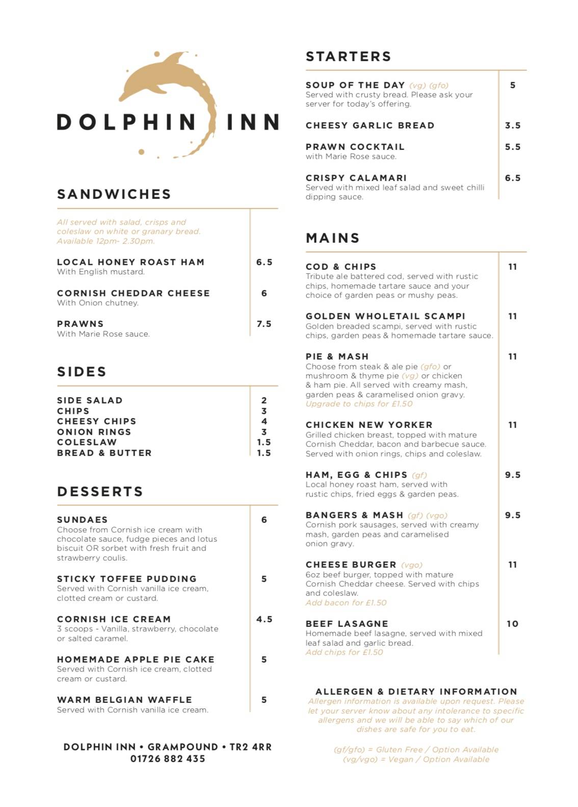 Menu at Dolphin Inn pub & bar, Grampound with Creed, Fore St