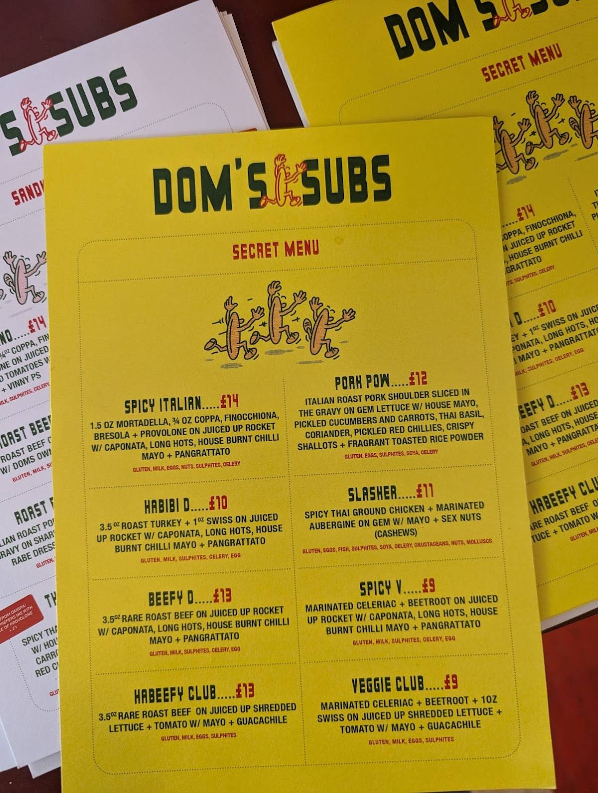 Menu at Dom's Subs restaurant, London, 262 Hackney Rd