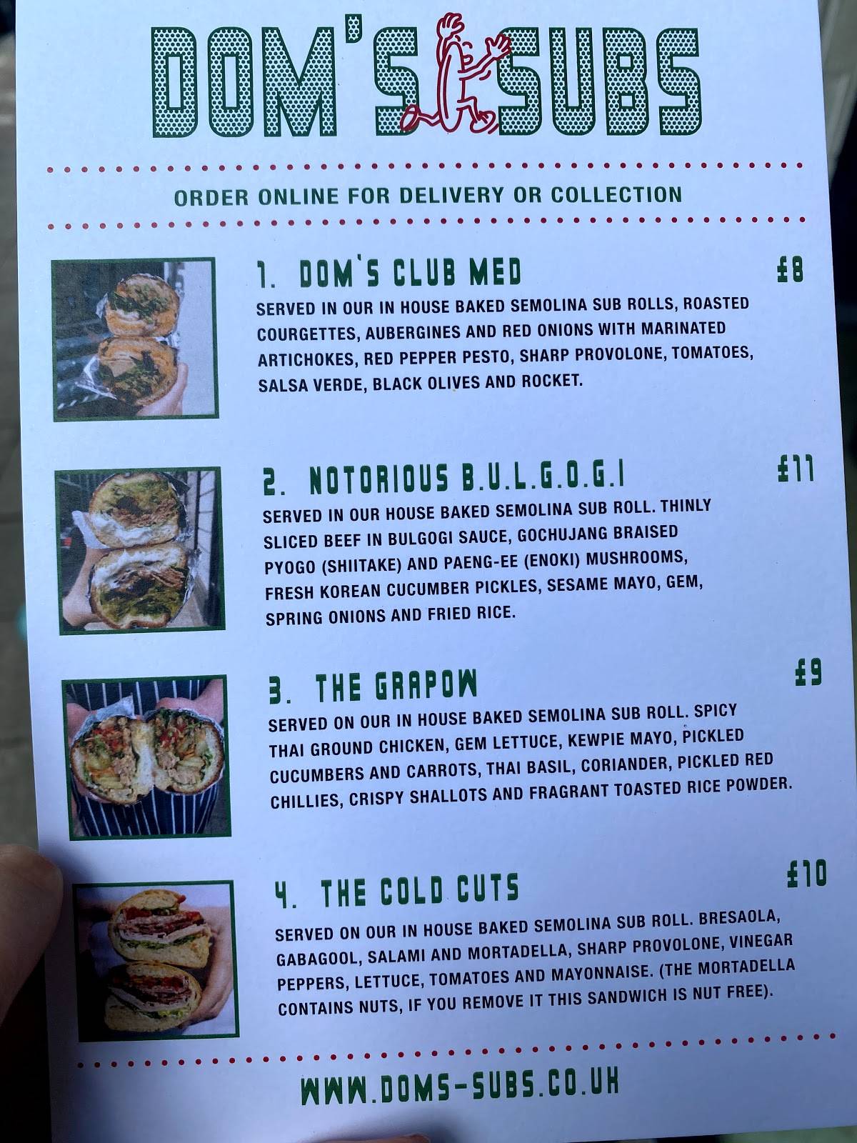 Menu at Dom's Subs restaurant, London, 262 Hackney Rd